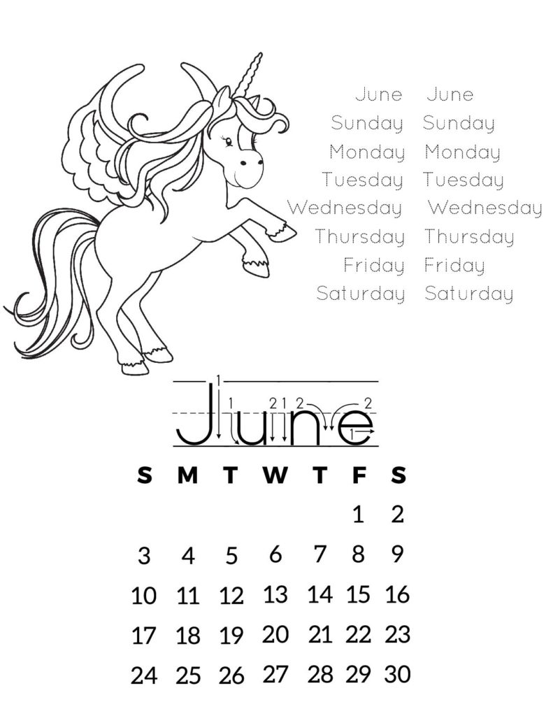 Printable Unicorn Themed Writing Practice Calendar