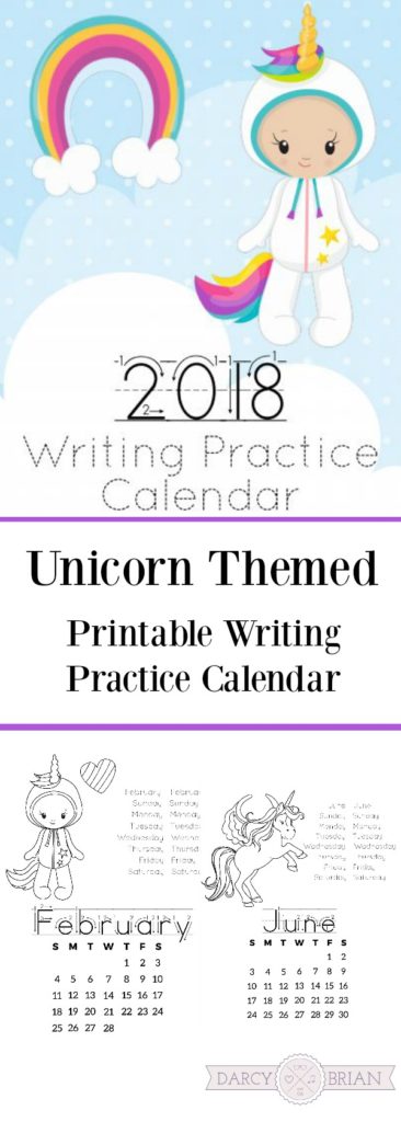 Printable Unicorn Themed Writing Practice Calendar