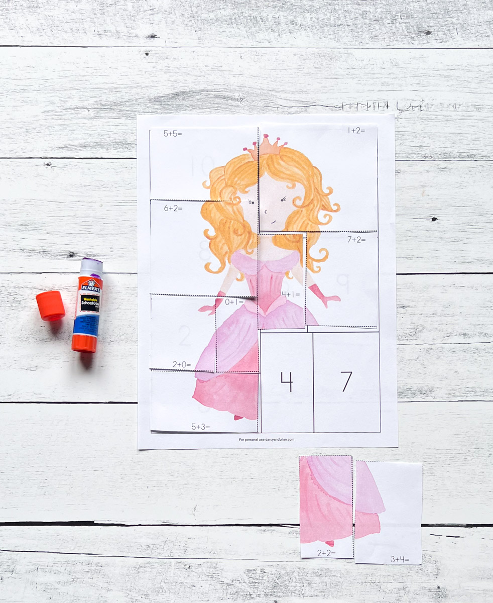 Princess Math Puzzle Worksheet for Kindergarten