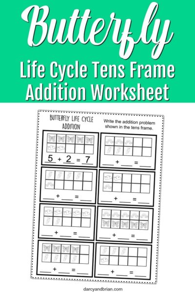 Butterfly Life Cycle Addition Ten Frame Printable for Kindergarten Math