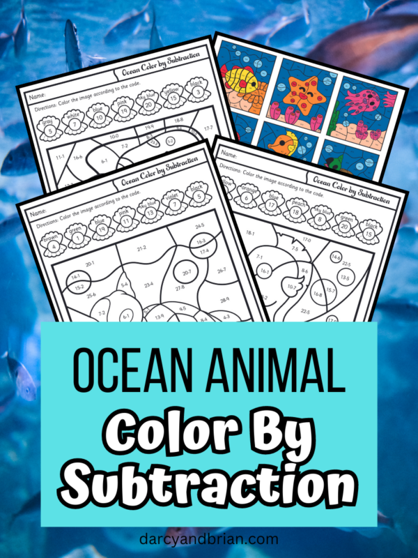 Printable Ocean Animals Color By Subtraction Worksheets for Kids