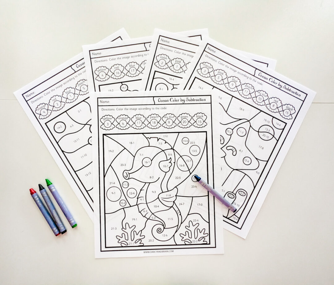 Printable Ocean Animals Color By Subtraction Worksheets for Kids
