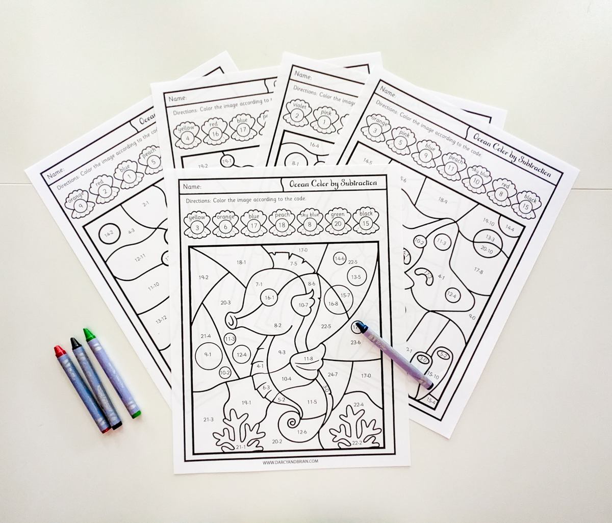 Printable Ocean Animals Color By Subtraction Worksheets for Kids