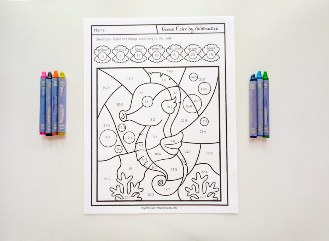Printable Ocean Animals Color By Subtraction Worksheets for Kids