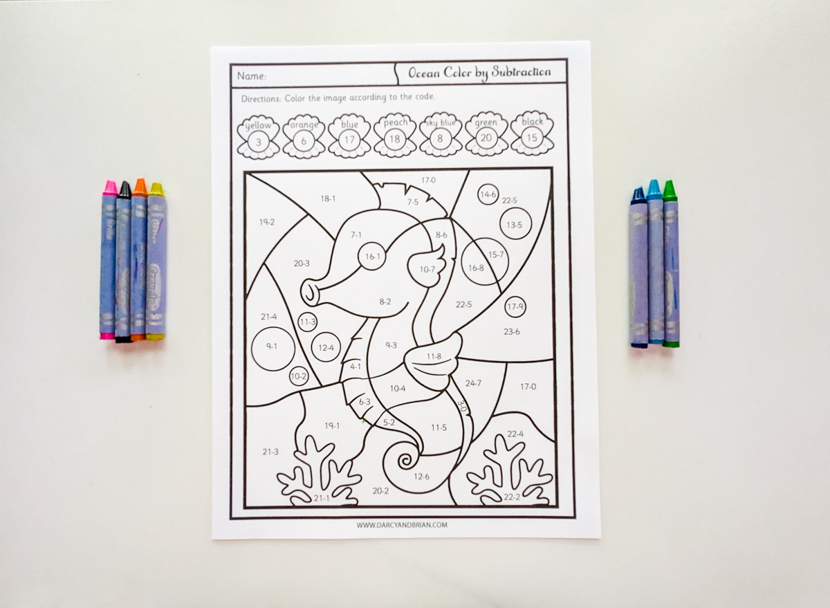 Printable Ocean Animals Color By Subtraction Worksheets for Kids