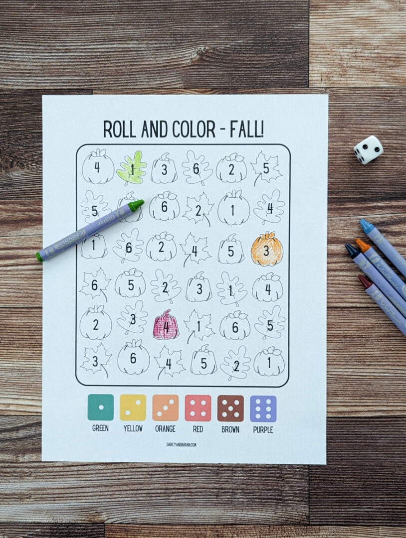 Fun Fall Roll and Color Printable Dice Game for Preschool