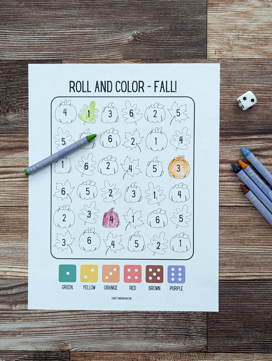 Fun Fall Roll and Color Printable Dice Game for Preschool