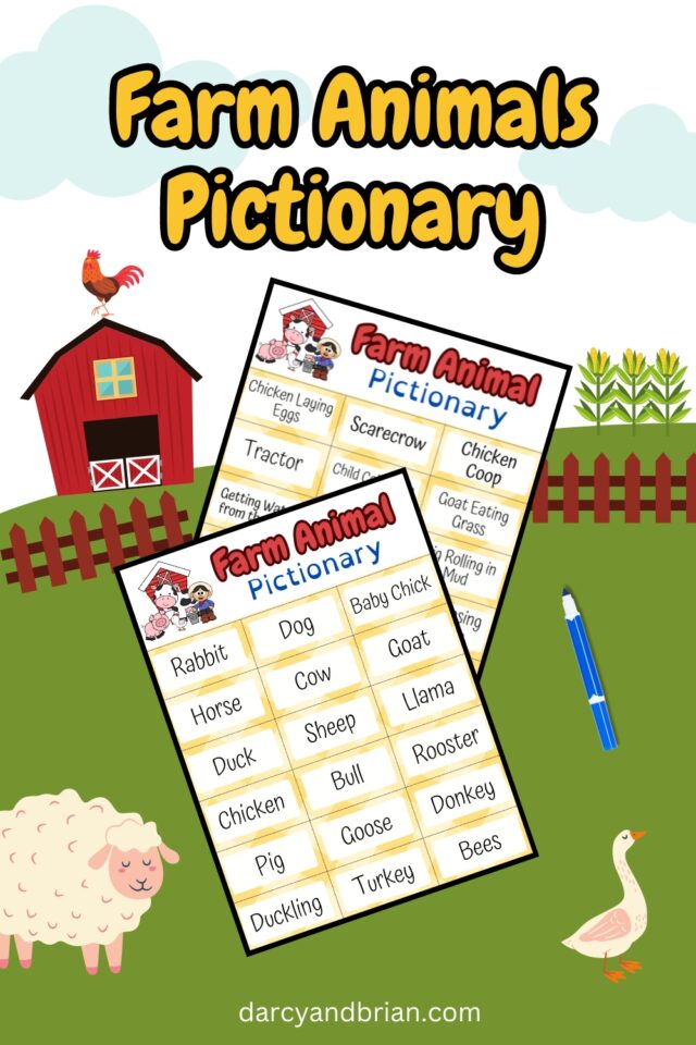 Farm Animals Pictionary Printable Game Cards for Kids