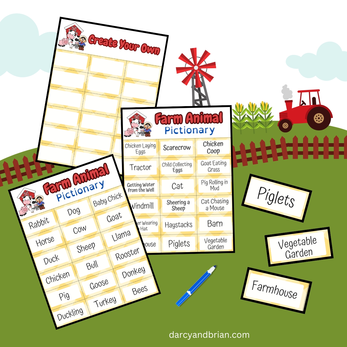 Farm Animals Pictionary Printable Game Cards for Kids