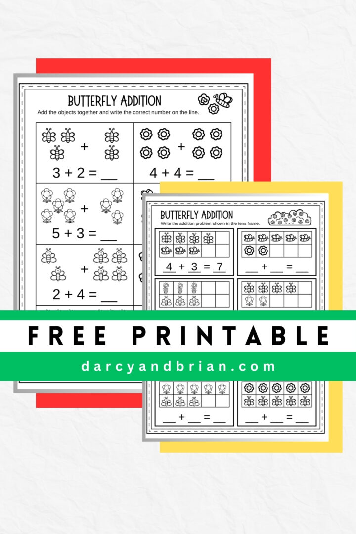 Free Printable Butterfly Addition Worksheet for Kids