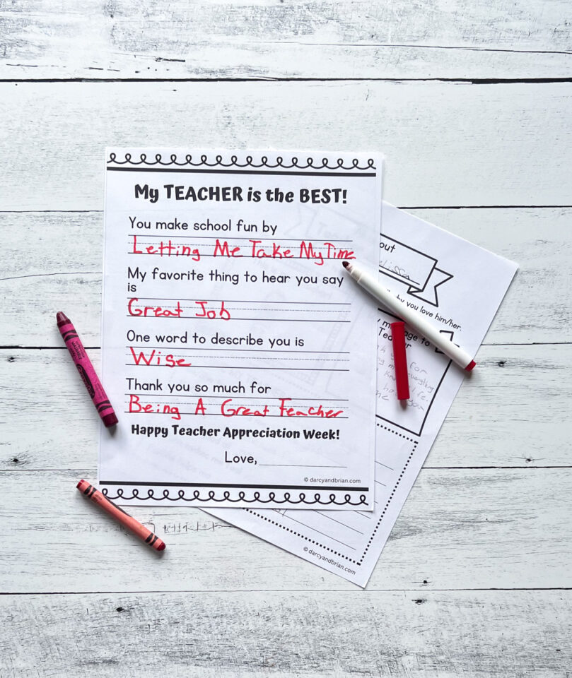 I Love My Teacher Because Free Printable