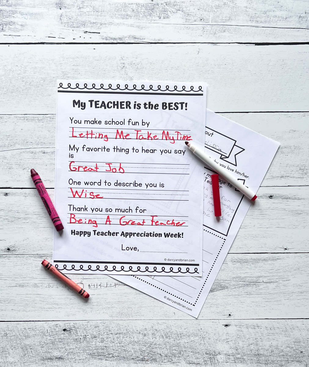 I Love My Teacher Because Free Printable